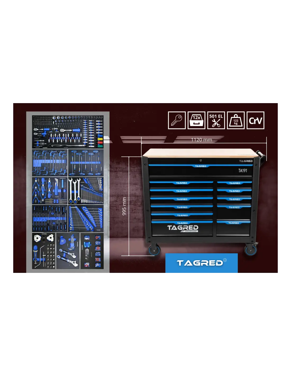 dulap scule profesional, echipat cu 12 sertare si 501 piese| TA191